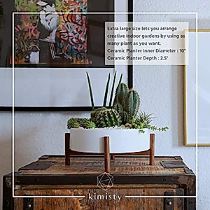 kimisty 10 Inch Succulent Planter, Large Round Bowl with Drainage, Mid Century White Ceramic Pot with Wood Stand, Succulent Garden Shallow Pot, Tabletop Centrepiece, Includes Gift Pack