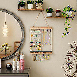 Feyejade Hanging Jewelry Organizer, 5-Tier Wall Earring Holder with Wooden Ring Groove, Jewelry Rack Wall Mounted for Earrings, Necklaces, Bracelets and Rings, Jewelry Holder Stand