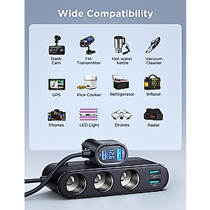 [2025 Upgraded] 7 in 1 Cigarette Lighter Adapter, JOYROOM 179W Car Charger Adapter with PD30W Charge(3.3FT Cable), 24V/ 12V Cigarette Lighter Splitter with Independent Switches & LED Voltage Display