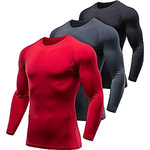 ATHLIO Men's Thermal Long Sleeve Compression Shirts, Winter Gear Sports Base Layer Top, Athletic Running T-Shirt, Active Top 3pack Black/Charcoal/Red, Medium