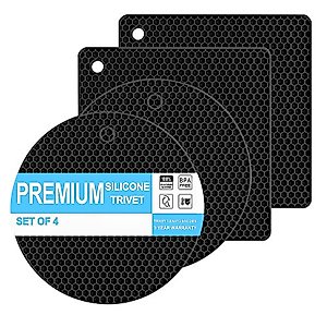 Silicone Trivets for Hot Dishes - 4 Heat Resistant Mats for Countertops, Multipurpose Non-Slip Hot Pads for Kitchen Potholders, Jar Opener, Spoon Holde, Food Grade Silicone（Black）