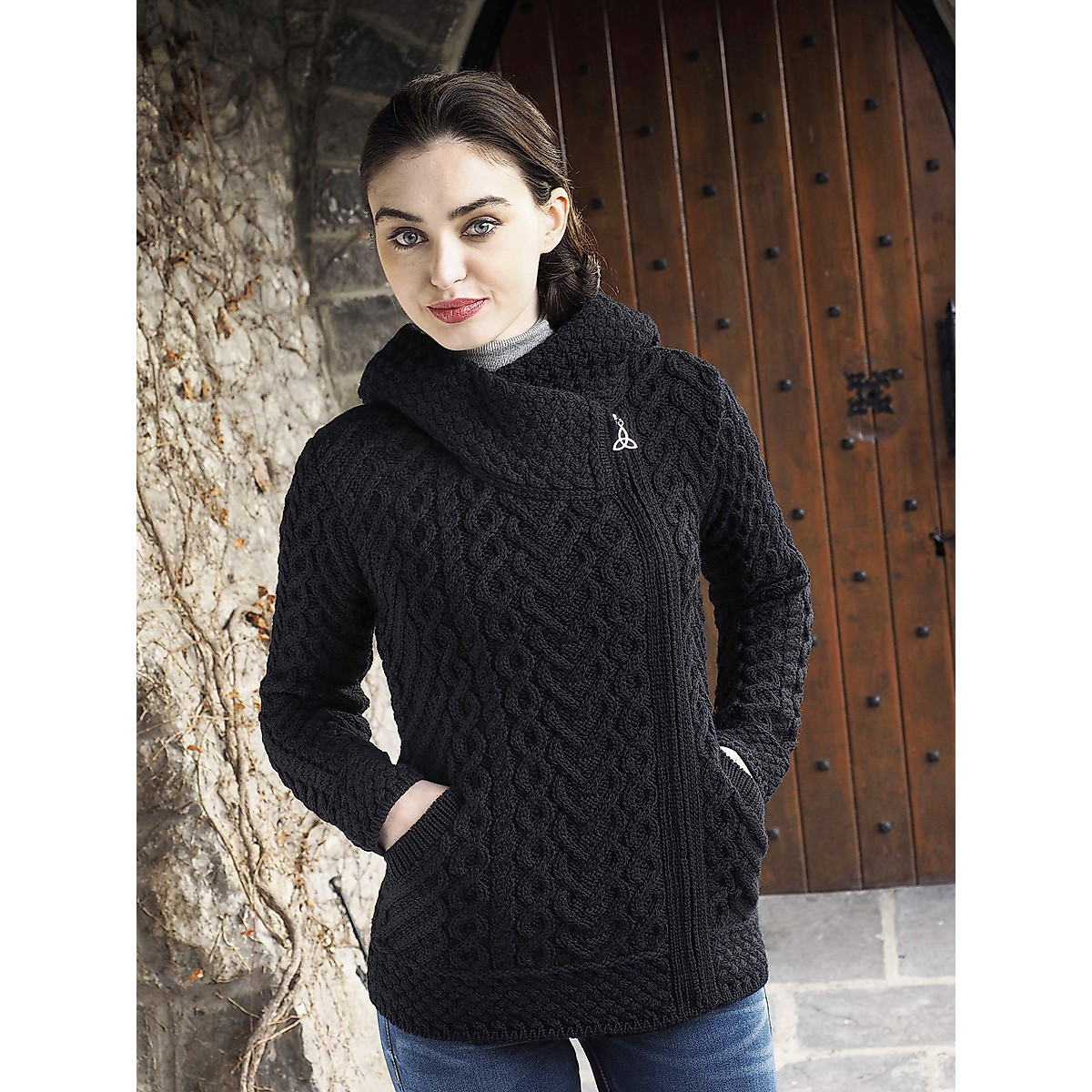 Aran Crafts Women's Cable Knit Comfortable Side Zip Hoodie (HD4916-MED-BLAC) Black