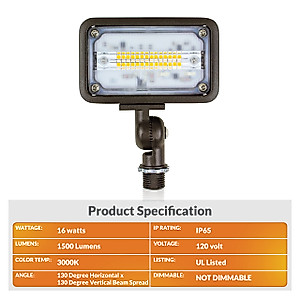 Newhouse Lighting WW15BRZ 16-Watt Outdoor Die-Cast Aluminum LED Wall Wash Flood, Weatherproof Landscape Lighting 1500 Lumens, 3000K Warm White, 120V, 1/2" Knuckle Mount, Bronze