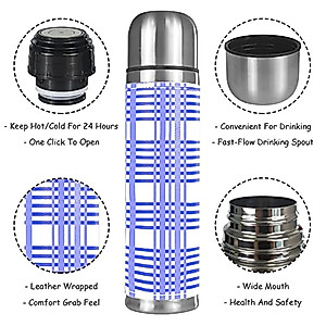 Stainless Steel Leather Vacuum Insulated Mug Purple Plaid Thermos Water Bottle for Hot and Cold Drinks Kids Adults 16 Oz