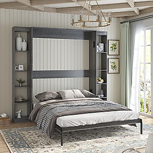 Mjkone Murphy Bed with 2 Side Cabinet, Folding Wall Bed for Bedroom, Fold Up Murphy Bed Cabinet, Queen Murphy Chest Bed Can Be Folded into a Cabinet, Storage Bed (Dark Grey, Style 1)