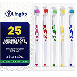 25 Bulk Toothbrushes | Individually Wrapped | Manual Disposable Travel Toothbrush Set for Adults or Kids | Made with a Medium-Soft Large Head | Multi-Color | Travel Toiletry Oral Set