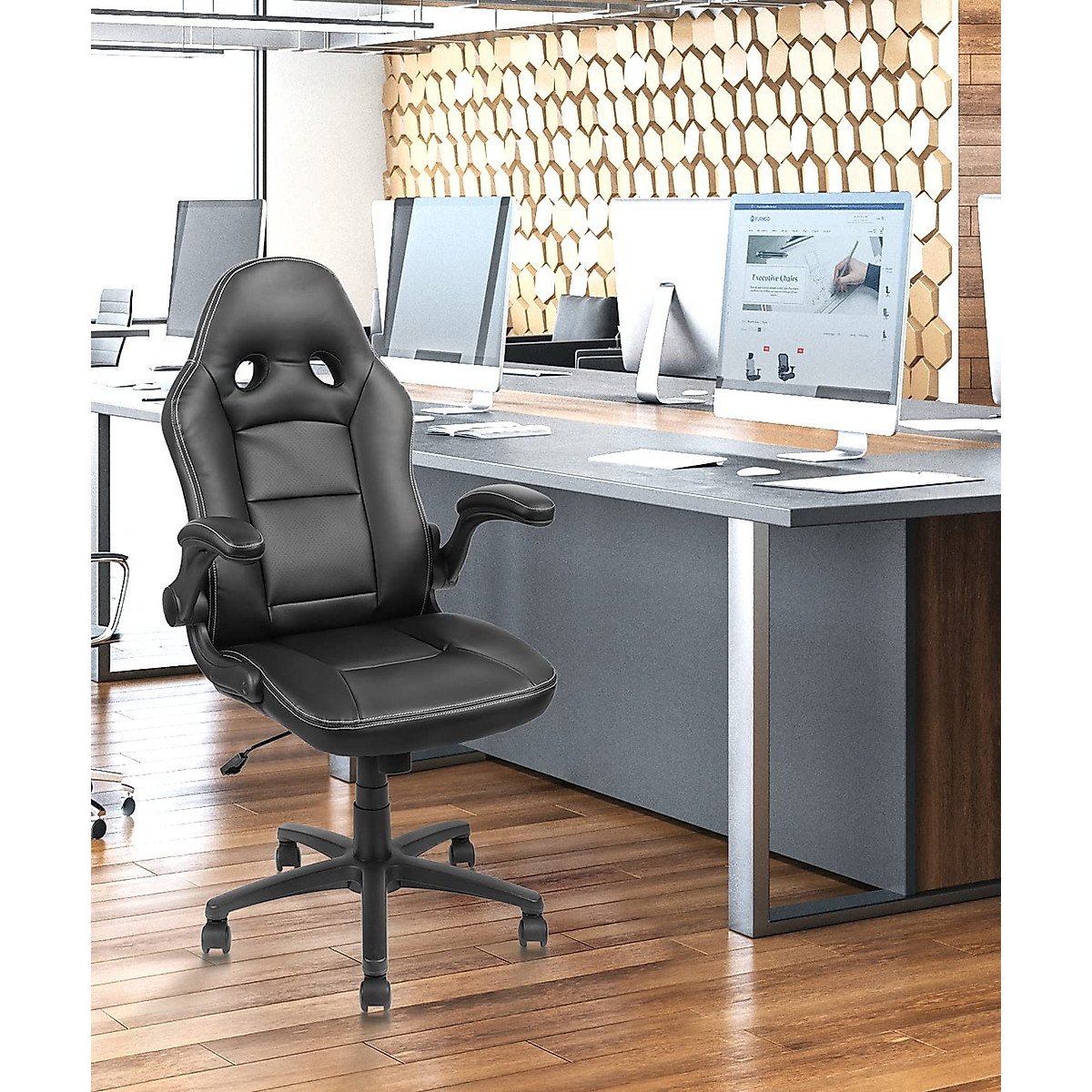 KLASIKA Computer Office Gaming Chair, Ergonomic Swivel Video Game Chairs with Flip Up Armrest Adjustable High Back Leather Desk Chair for Adults Women Men, Black