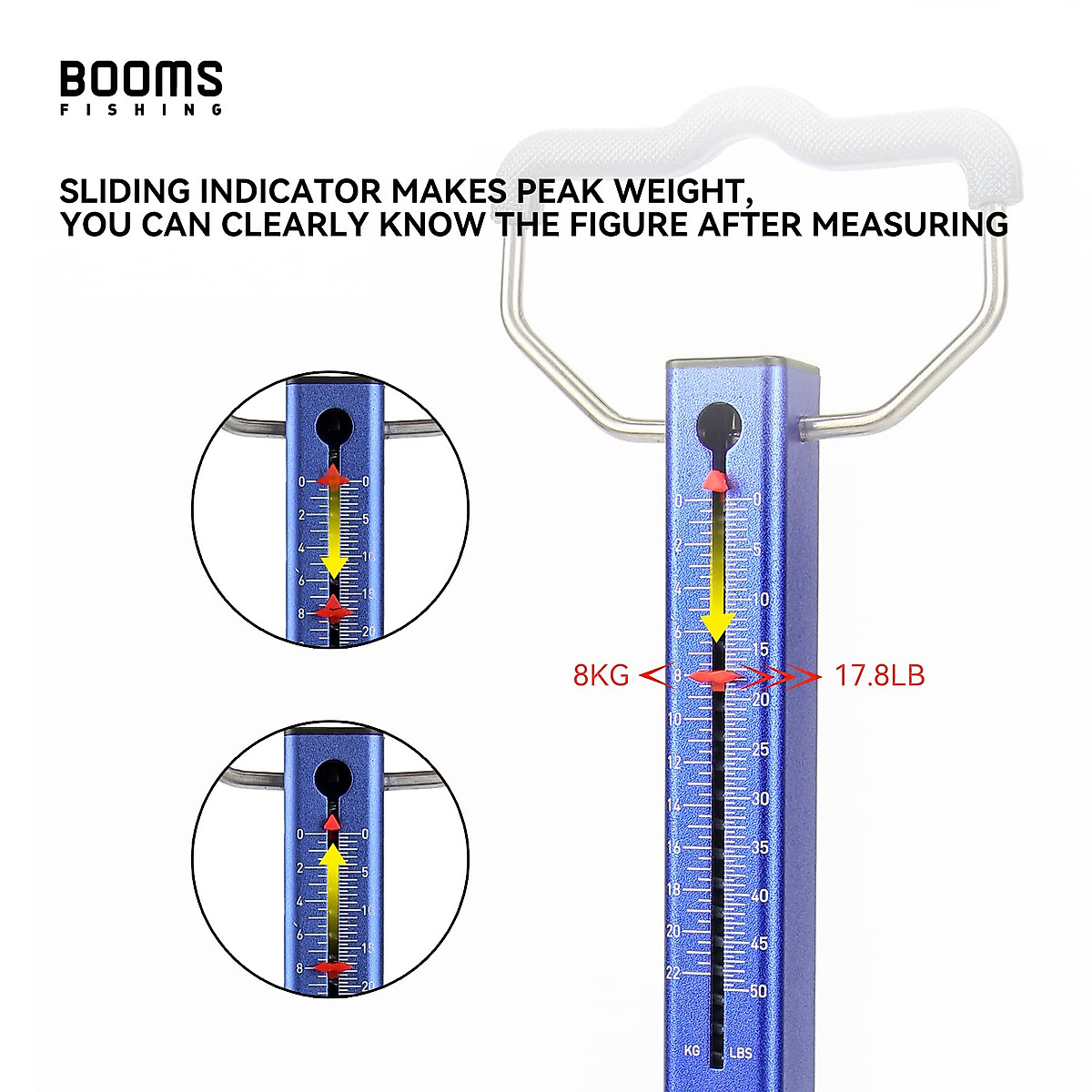 Booms Fishing TS2 Aluminum Tube Fish Scale, Spring Fishing Drag Scale, Easy to Read Hanging Scale, 50 lbs Pull Scales, Widely Used for Hooks Tension, Rigs Tension, Fishing Scale, Luggage Scale