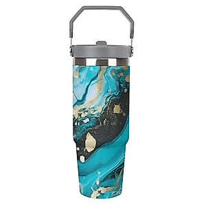 30 Oz Tumbler with Handle And Straw, Turquoise Blue Gold Marble Leakproof Stainless Steel Water Bottle for Hot & Cold Drinks 24 Hours, Car Cup Holder Friendly, Travel Mug for Home, Office, Gym
