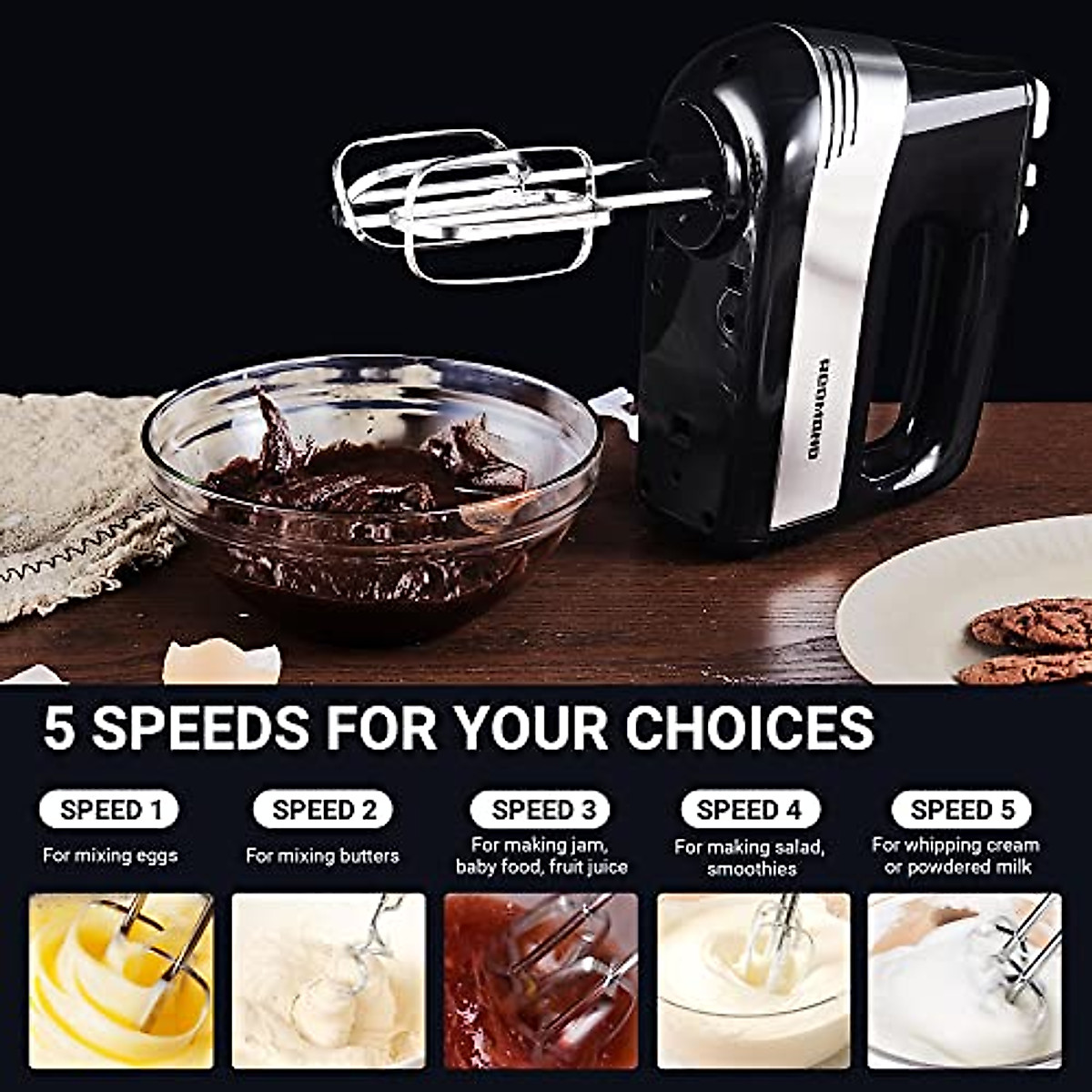 Hand Mixer Electric, REDMOND Hand Held Mixer with Turbo Function, Stainless Steel 5-Speed Kitchen Mixer for Whipping, Mixing Cookies, Cakes, and Dough Batters, Black