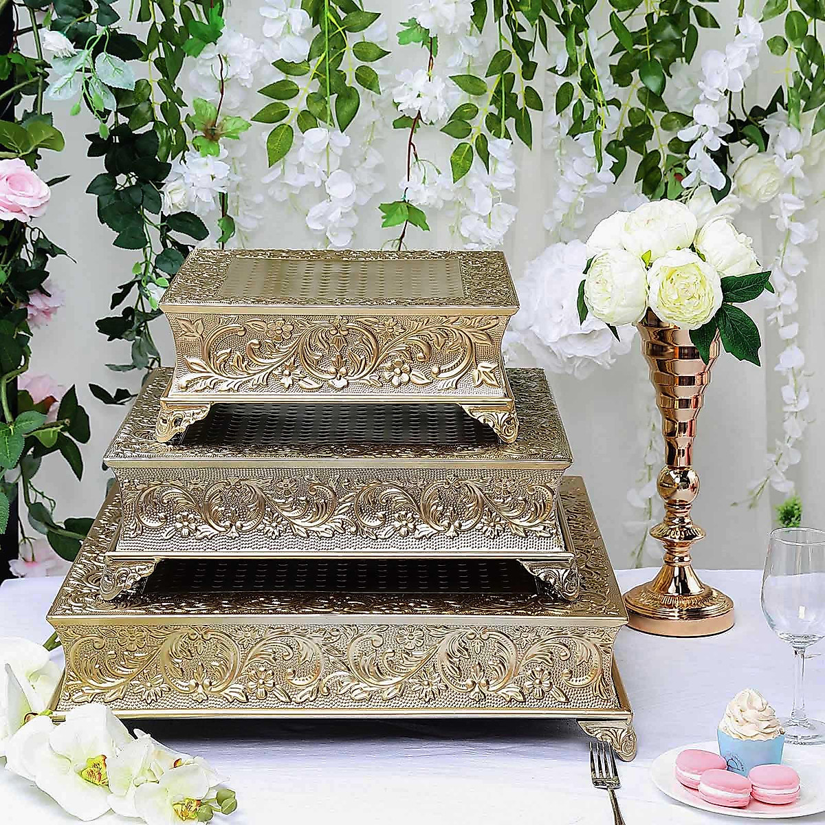 Efavormart 22” Gold Square Embossed Metal Cake Plateau Stand Riser Wedding Birthday Party Dessert Cake Pedestal Display Plate