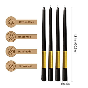 Black Taper Candles 12'' Tall with Gold Candle Sticks Set of 4 | Unscented | Home Decor Kitchen Decor Wedding Decorations (Gold)