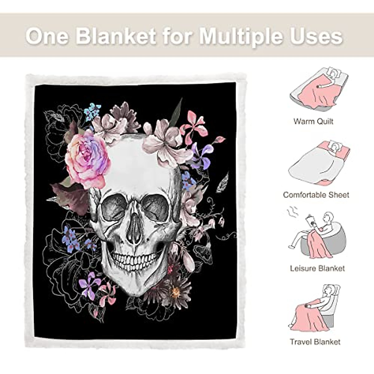 Sleepwish Sugar Skull Blanket Fleece Skull Throw Blanket Black Pink Skull Flower Rose Blanket for Women Girl Skull Fuzzy Sherpa Plush Blanket for Bed Couch Sofa Chair Office (50"x 60")