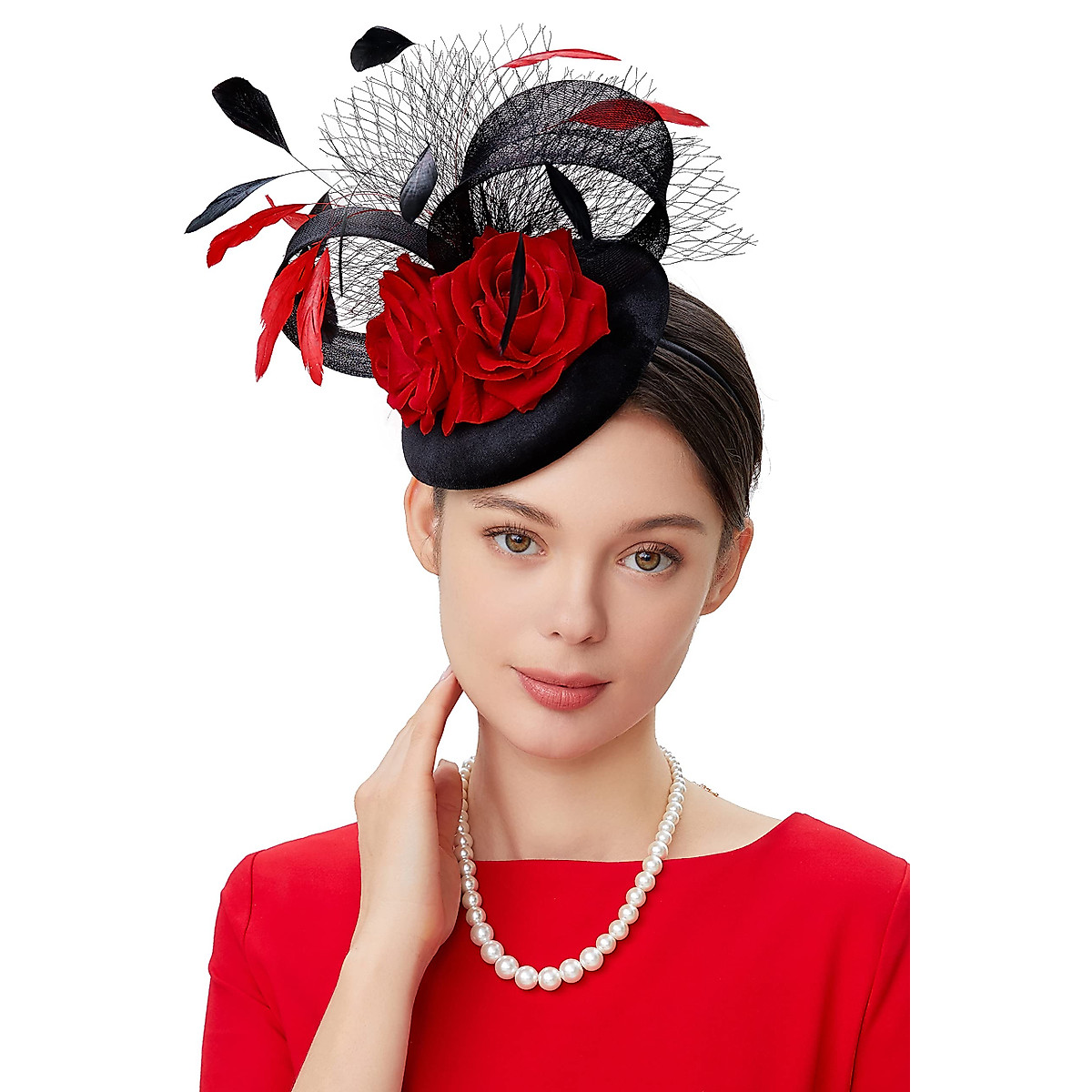 BABEYOND Fascinator Hat Feather Fascinators Hair Clip Tea Party Pillbox Derby Hat Bridal Wedding Veil Black Red