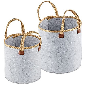 mDesign Round Felt Basket and Attached Braided Handles - Portable and Foldable for Compact Storage, Set of 2 - Gray