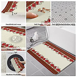 Front Door Mats Outdoor Indoor Kitchen Mat, Christmas Flower Red Green Buffalo Plaid Entrance Doormat Non-Slip Bathroom Rugs Washable Floor Mats for Sink/Porch, 18" x 30"