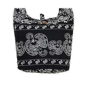 Thai Hippie Hobo Sling Crossbody Shoulder Bag Purse Handmade Zip Peacock Pattern Cotton Gypsy Boho Messenger Medium (M440 (Black))