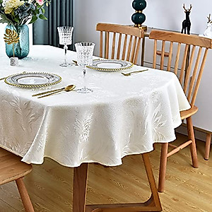 Wolkemer Oval Jacquard Tablecloth Ivory Floral Countryside Leaves Damask Patterns Table Cloth Cover for Dinner Kitchen 60 x 84 Inch