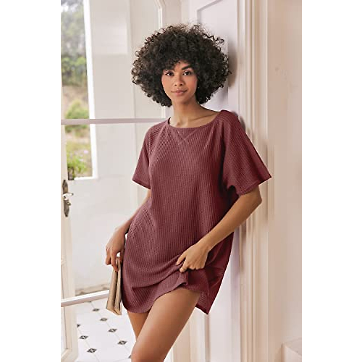 Ekouaer Women Cover Ups for Soft O Neck Beach Pajamas for Women Short Sleeve Shirt Coverup Purplish Red S