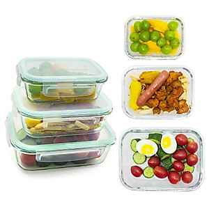 Pmssypl 3 Piece Glass Food Storage Container Set Sealed Reusable Pantry Kitchen Storage Container Glass Lunch Prep Container Lunch Box, Microwave, Refrigerator and Dishwasher.