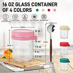 Dyserbuy 4 Pack Overnight Oats Containers with Lids and Spoons, 16 oz Glass Mason Jars for Overnight Oats, Airtight Jars with Measurement Marks for Milk, Cereal On The Go Container
