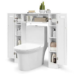 Tangkula Over The Toilet Storage Cabinet, Bathroom Space Saver w/Adjustable Shelves & Paper Holder, Freestanding above Toilet Organizer w/ 2 Side & Pull-Down Door for Bathroom Storage (White)