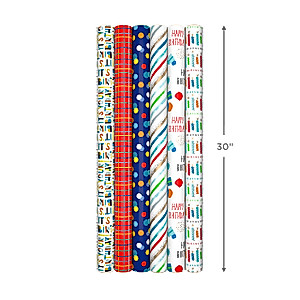 Hallmark Colorful Wrapping Paper Bundle with Cutlines on Reverse (6 Rolls: 115 Square Feet Total) Red, Blue, Yellow, Green, Rainbow Stripes, Polka Dots for Birthdays, Graduations, Father's Day
