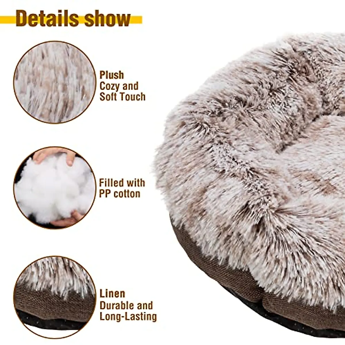 KOOLTAIL Cat Bed, Super Soft Plush Calming Cute Warm Cat Beds for Indoor Warm in Winter, Marshmallow Pet Bed，Anti Anxiety Donut Cuddler Round Dog Kitty Bed Furry Cushion Bed Washable (Brown)
