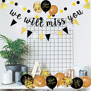 We Will Miss You Banner Coworker Going Away Farewell Decorations Gold Black Glitter Dot Circle Garland Triangle Flag Banner For Goodbye, Retirement, Job Change, later traitor party supplies