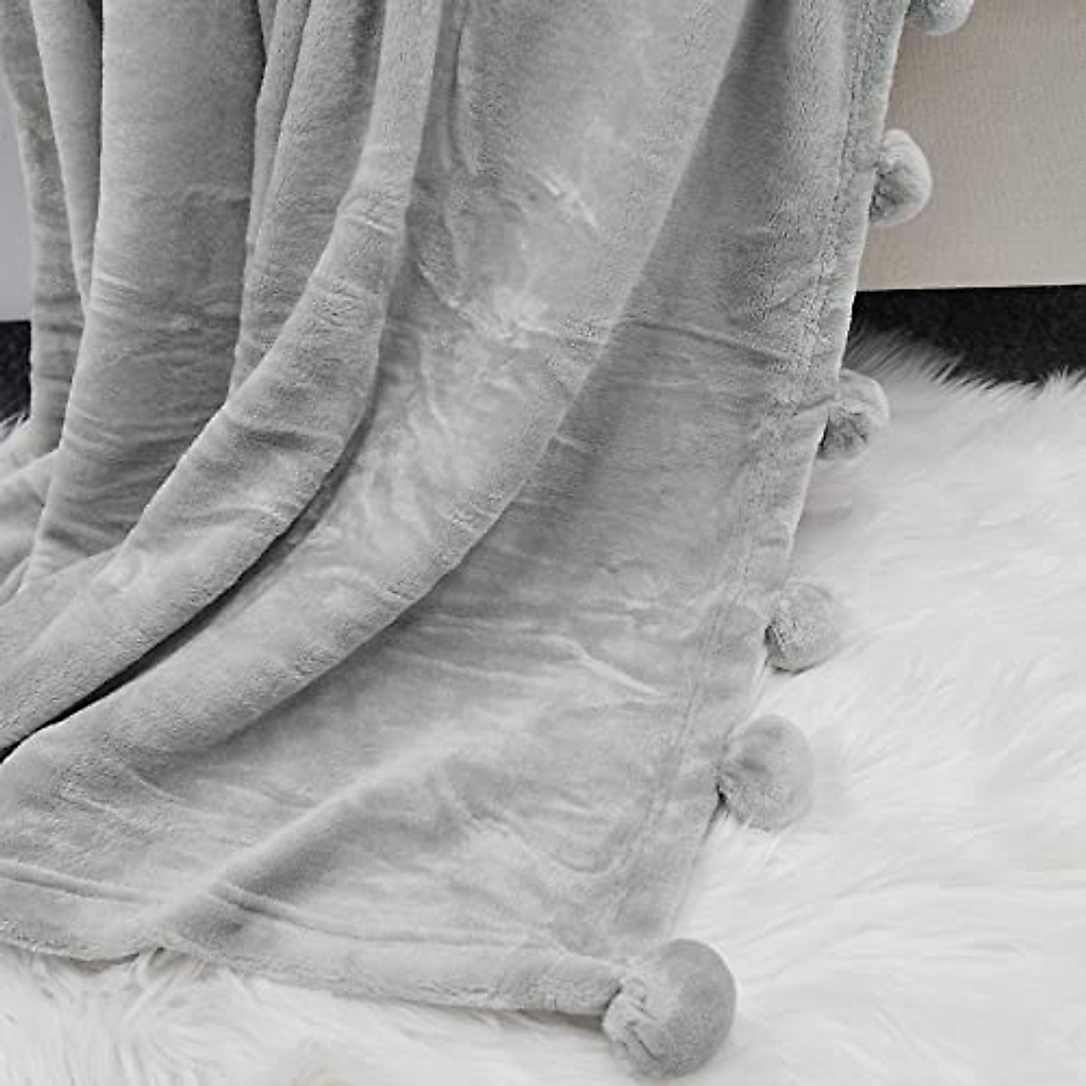Home Soft Things Pompom Bed Couch Throw Blanket, 50'' x 60'', Silver Grey, Fuzzy Soft Comfy Warm Decorative Throw Blanket for Living Room Bedroom Suitable for All Seasons