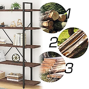 IBF Real Natural Wood 5 Shelf Bookshelf, Industrial Solid Wood Large Open Tall Etagere Bookcase, Rustic Farmhouse Metal Wide Big Book Shelf Storage for Home Bedroom Office Living Doom, Distressed Grey
