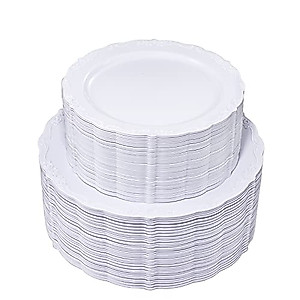 U-QE 100 Pieces White Plastic Plates - White Disposable Plates - Premium Hard Plastic Disposable Plates for Wedding and Party Use Including 50 Dinner Plates 10.25 '' & 50 Dessert Plates 7.5 ''