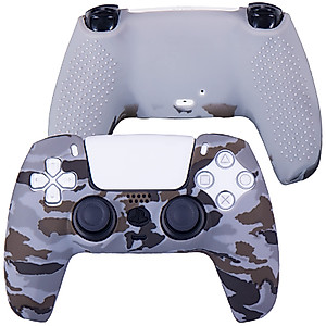 9CDeer 1 Piece of Silicone Transfer Print Protective Cover Skin + 10 Thumb Grips for PlayStation 5 / PS5 Controller Camougrey