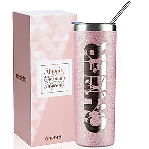 Onebttl Cheerleader Glitter Tumbler Gifts For Girls - Cheer - 20oz/590ml Stainless Steel Insulated Tumbler with Straw, Lid - Gift for Cheerleading, Coach or Cheer Squad - (Rose gold)
