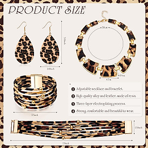 Junkin 3 Pieces Bohemia Leopard Jewelry Set Multilayer Leather Cuff Bracelet Leopard Print Earrings Leopard Print Necklace Collar Bib for Women