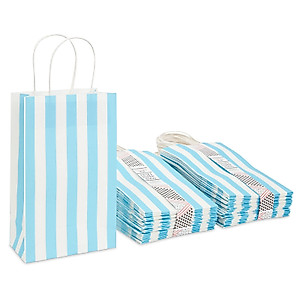 Sparkle and Bash Light Blue Striped Party Favor Gift Bags with Handles for Boys Baby Showers (50 Pack)
