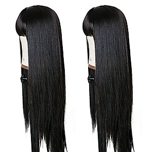 TIMANZO Long Straight Remy Hair Wigs Natural Black Heat Resistant Fiber Hair Full Machine Wig with Bangs Cosplay Party Wig For Fashion Women(24 Inches Natural Black Hair)