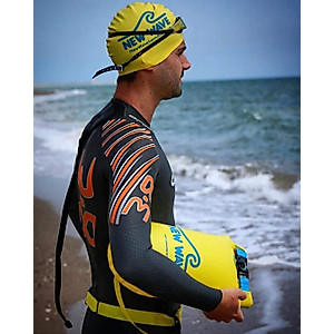 New Wave Swim Buoy & New Wave Swim Cap Bundle - Swim Safety Float and Drybag for Open Water Swimmers Triathletes, Open Water Swim Buoy Float for Safer Swim (PVC 15L Drybag Yellow + Silicone Cap)