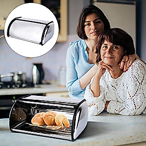 Cabilock Metal Bread Bin Box Stainless Steel Bread Box Countertop Bread Bin Roll Up Bread Storage Container Metal Bread Keeper Box for Kitchen Bread Storage Case (16.9x9x5.7 inch)