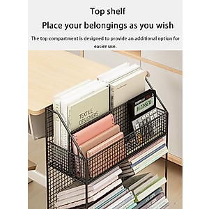 EFLALYHG Desktop Organizer and Accessories, Office Book Trolley with Universal Wheels, Multifunctional Metal Rolling Book Shelf for Classroom, Bookcase for Study Room,Black