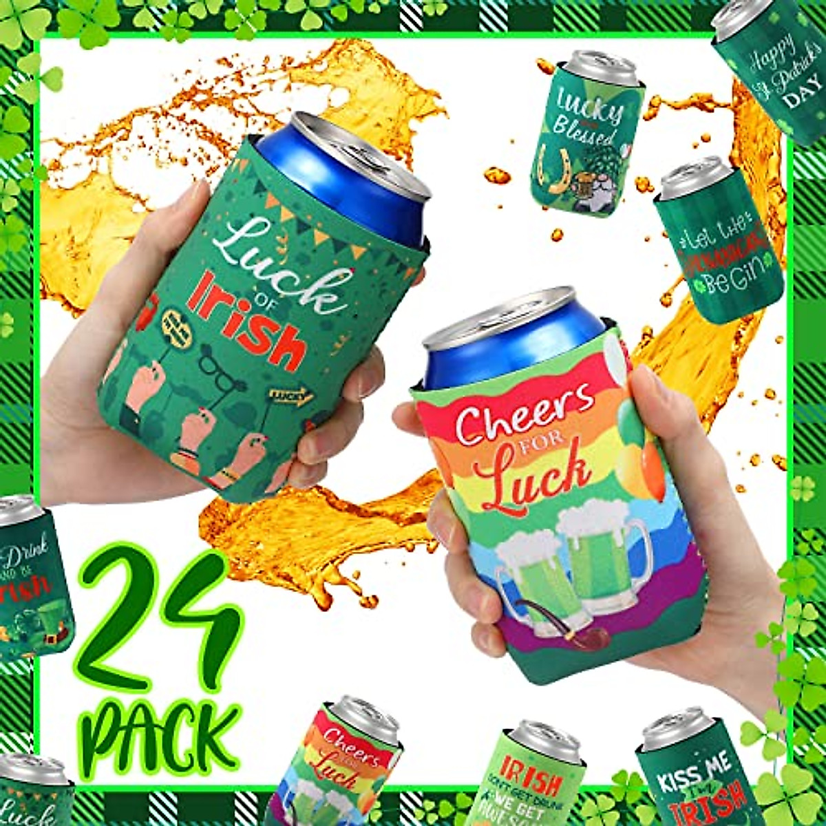 24 Pcs St. Patrick's Day Can Coolers Sleeves 8 Designs Insulated Funny Green Shamrock Irish Beverages Covers St. Paddy's Day Party Gift St. Patrick's Day Party Favor Decorations Party Supplies