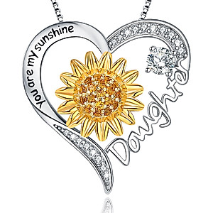URMWMOO Daughter Necklace S925 Sterling Silver Sunflower You are My Sunshine Heart Pendant Necklaces Daughter Jewelry Birthday Christmas Mothers Day Gifts for Daughter Women