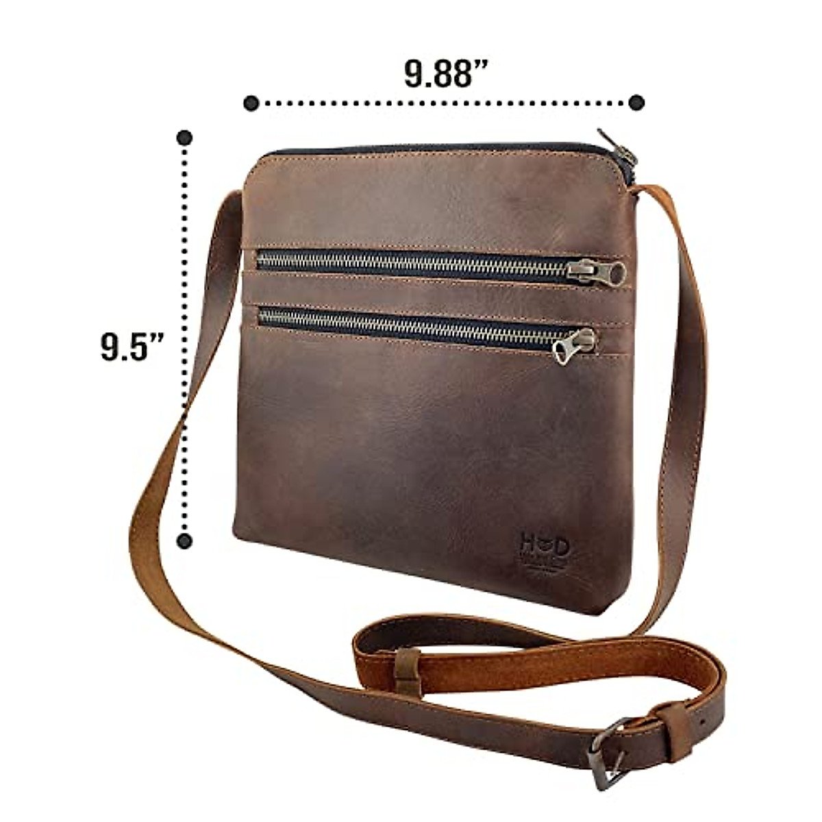 Hide & Drink, 3 Zipper Satchel Handmade from Full Grain Leather and Plaid Cotton - Versatile Handbag - Bourbon Brown