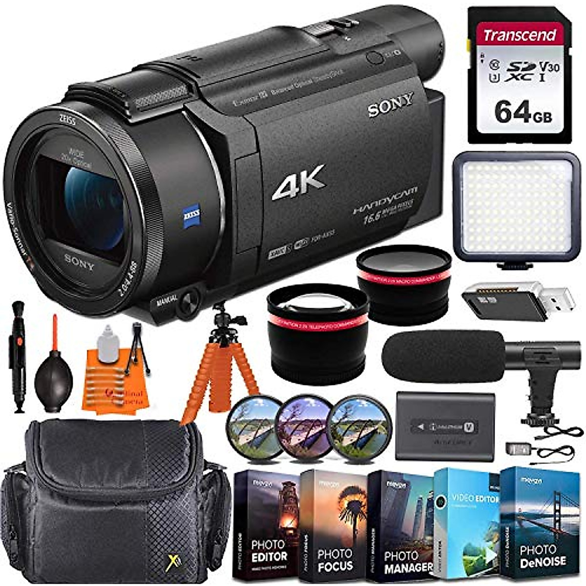 Sony FDR-AX53 4K Ultra HD Video Recording Handycam Camcorder + Vlogging Pro Bundle incl. Video Light, 64GB Memory, Microphone, Wide-Angle & Telephoto Lens, Editing S/W & More