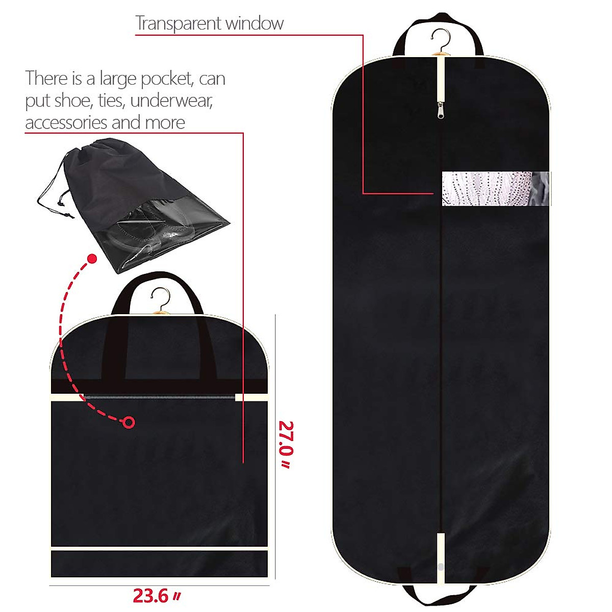 2 Pack 54" Gusseted Garment Bags with Extra Large Pockets for Travel, Breathable Foldable Suit Covers Mens Womens Hanging Bag for Clothes Shirts Dresses Coats, Black
