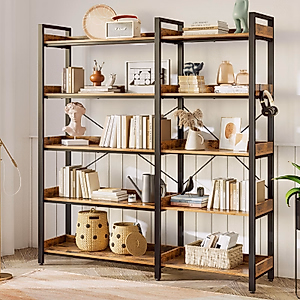 Rolanstar Bookshelf 5 Tier with 4 Hooks, Reversible Corner Bookshelf, 65" Industrial Wooden Bookcase with Open Shelves and Metal Frame for Living Room, Bedroom, Home Office, Rustic Brown