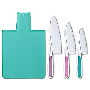 TOVLA JR. Kids Kitchen Knife and Foldable Cutting Board Set: Children's Cooking Knives in 3 Sizes & Colors/Firm Grip, Serrated Edges, BPA-Free Kids' Knives/Safe Lettuce and Salad Knives… (Blue)