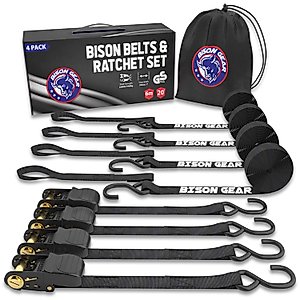 Ratchet Tie Down Straps 20ft 4 Pack by Bison Gear® UV Resistant 2200lb Heavy Duty Cargo Straps with Ergonomic Rubber Grips & Coated Deep S Hooks - Safety Standards Certified (Black)