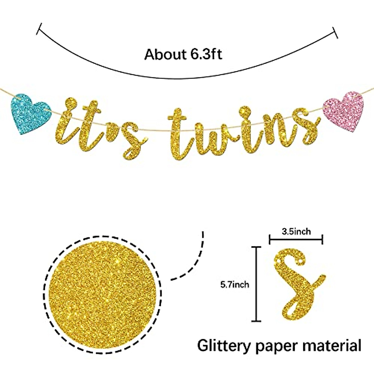 It's Twins Banner - Gold Glitter Baby Shower Bunting Gender Reveal Party for Babies Twin Decorations Supplies
