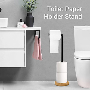 Toilet Paper Holder Stand, Modern Bamboo Base Free Standing Toilet Paper Holder with Storage, Sturdy Black Metal Stand with Weighted Base, Sleek and Decorative Freestanding Bathroom Toilet Roll Holder